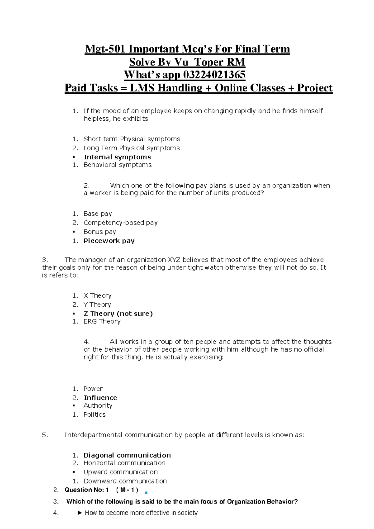 Mgt 501 Final Term MCQs Compilation Solved by Vu Toper - Studocu