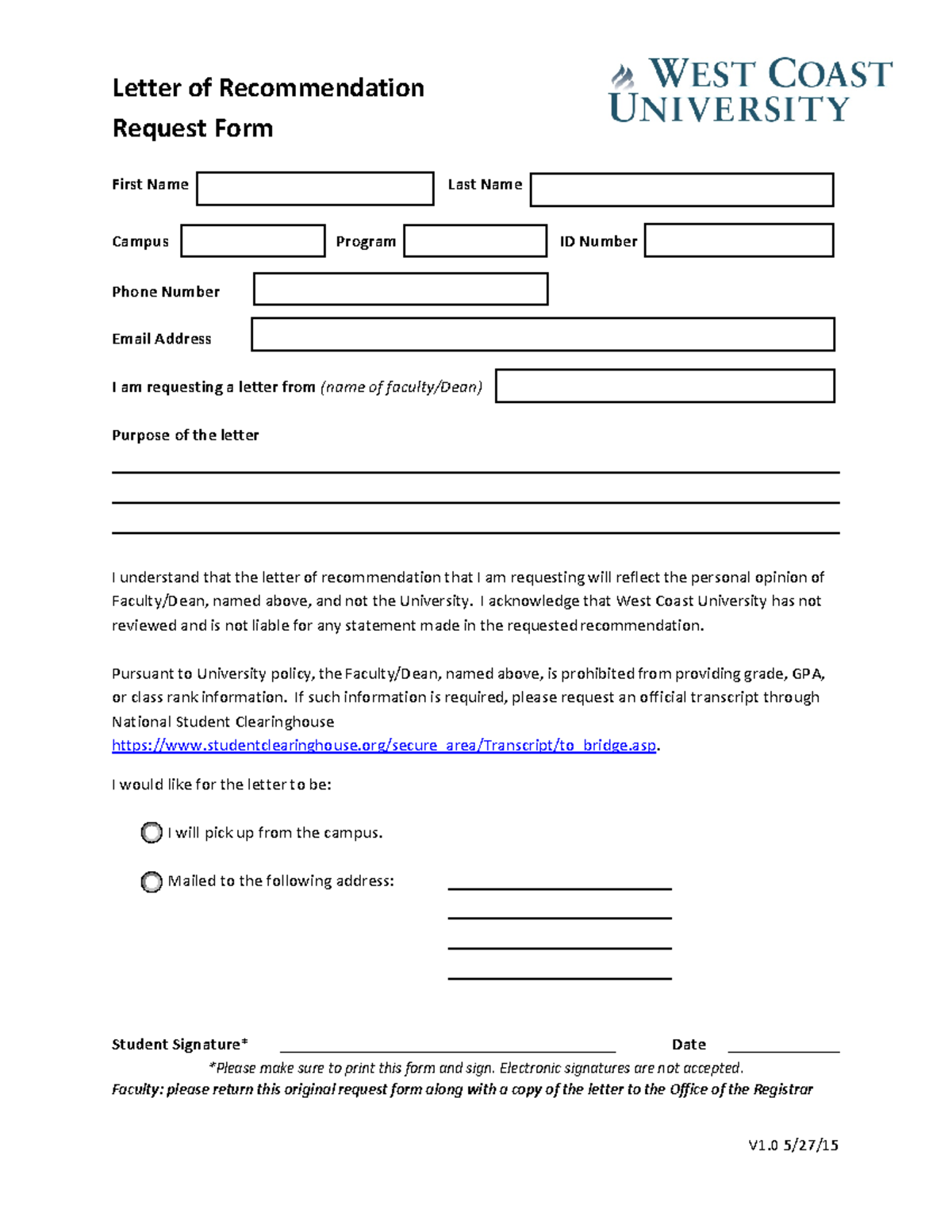 Letter of Recommendation Request Form - West Coast University - Studocu