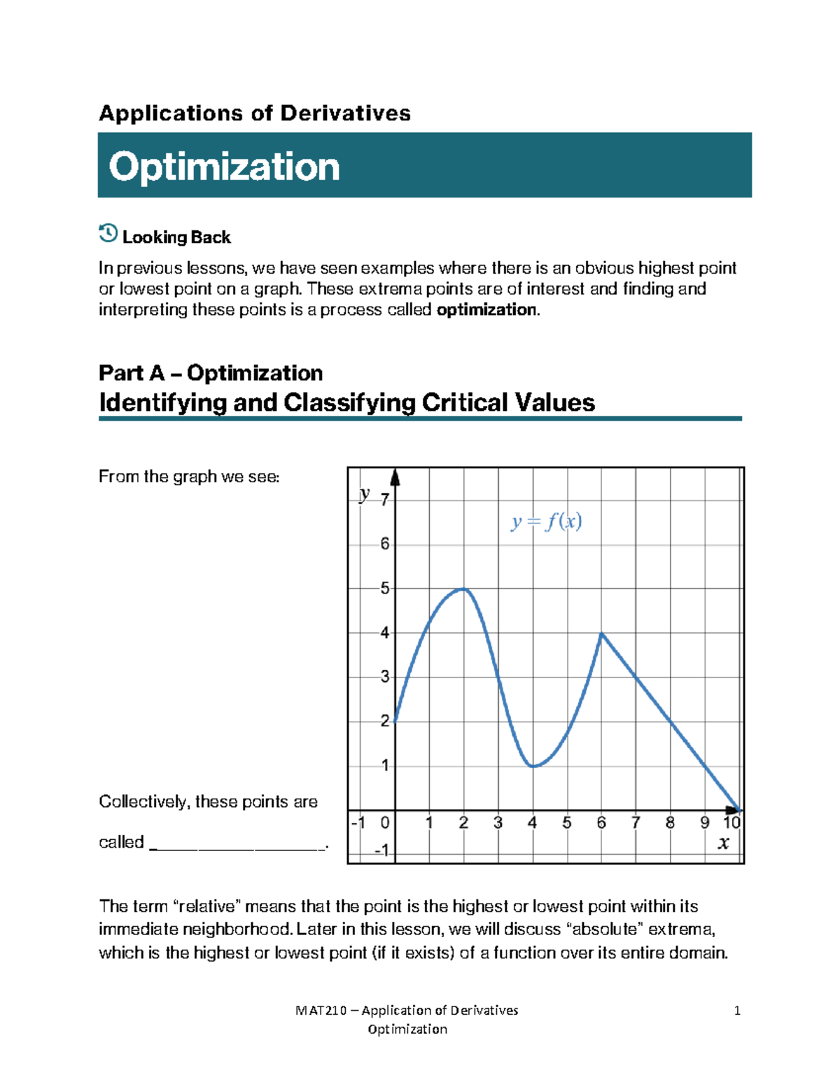 MAT210 Applications of Derivatives: Optimization Techniques and ...