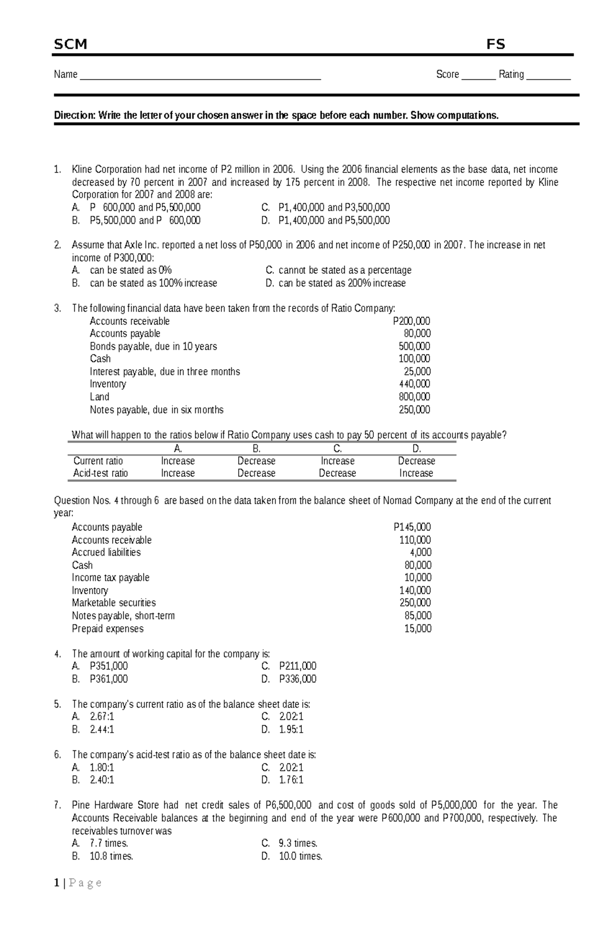 Quiz - FS Analysis SCM: Financial Ratios and Calculations - Studocu