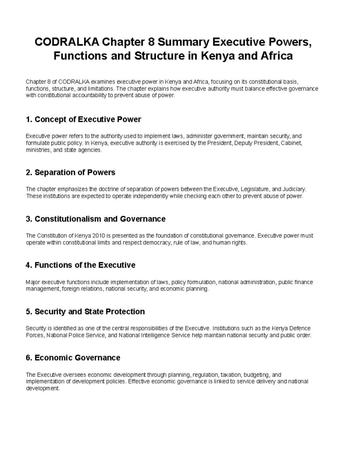 CODRALKA Chapter 8 Summary: Executive Powers in Kenya and Africa - Studocu