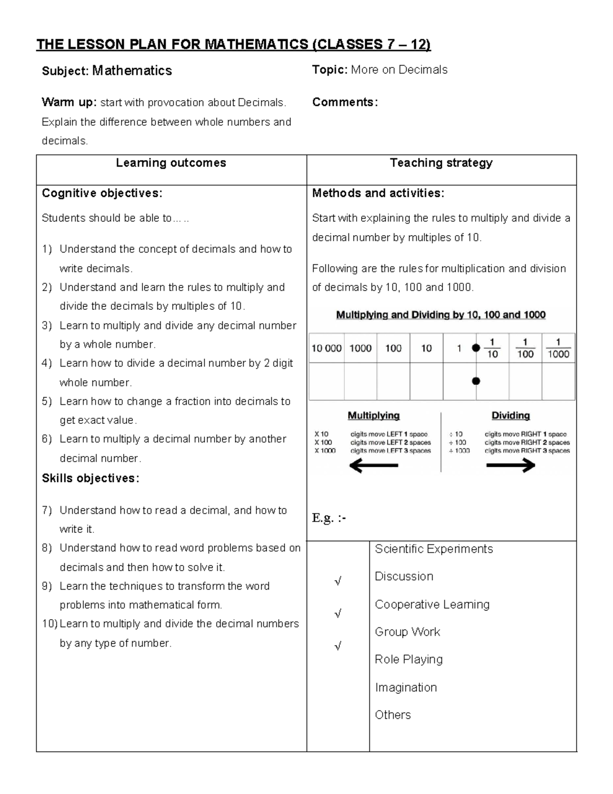 Mathematics Lesson Plan: More on Decimals (Classes 7-12) - Studocu