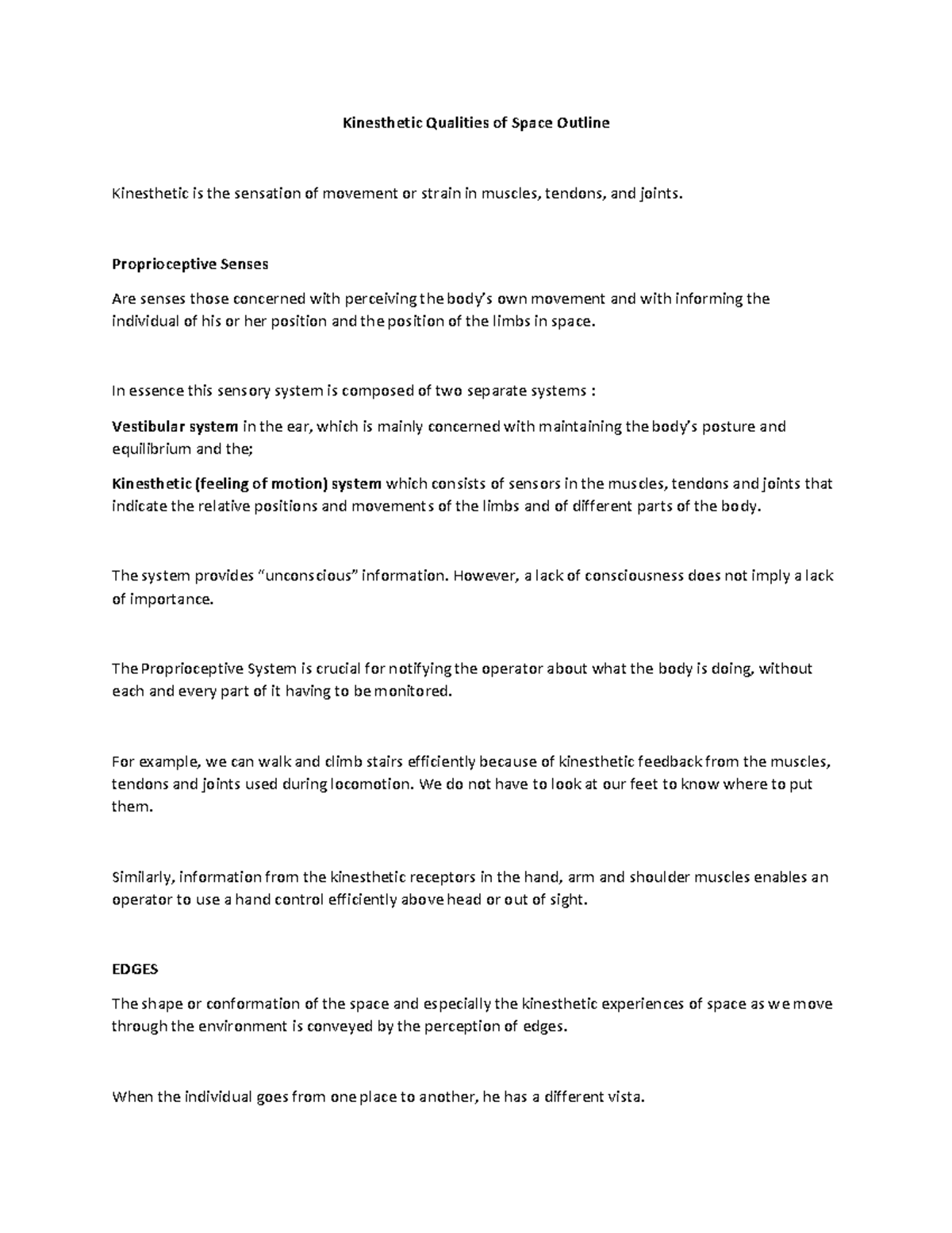 Kinesthetic qualities of space: An outline of proprioceptive senses ...