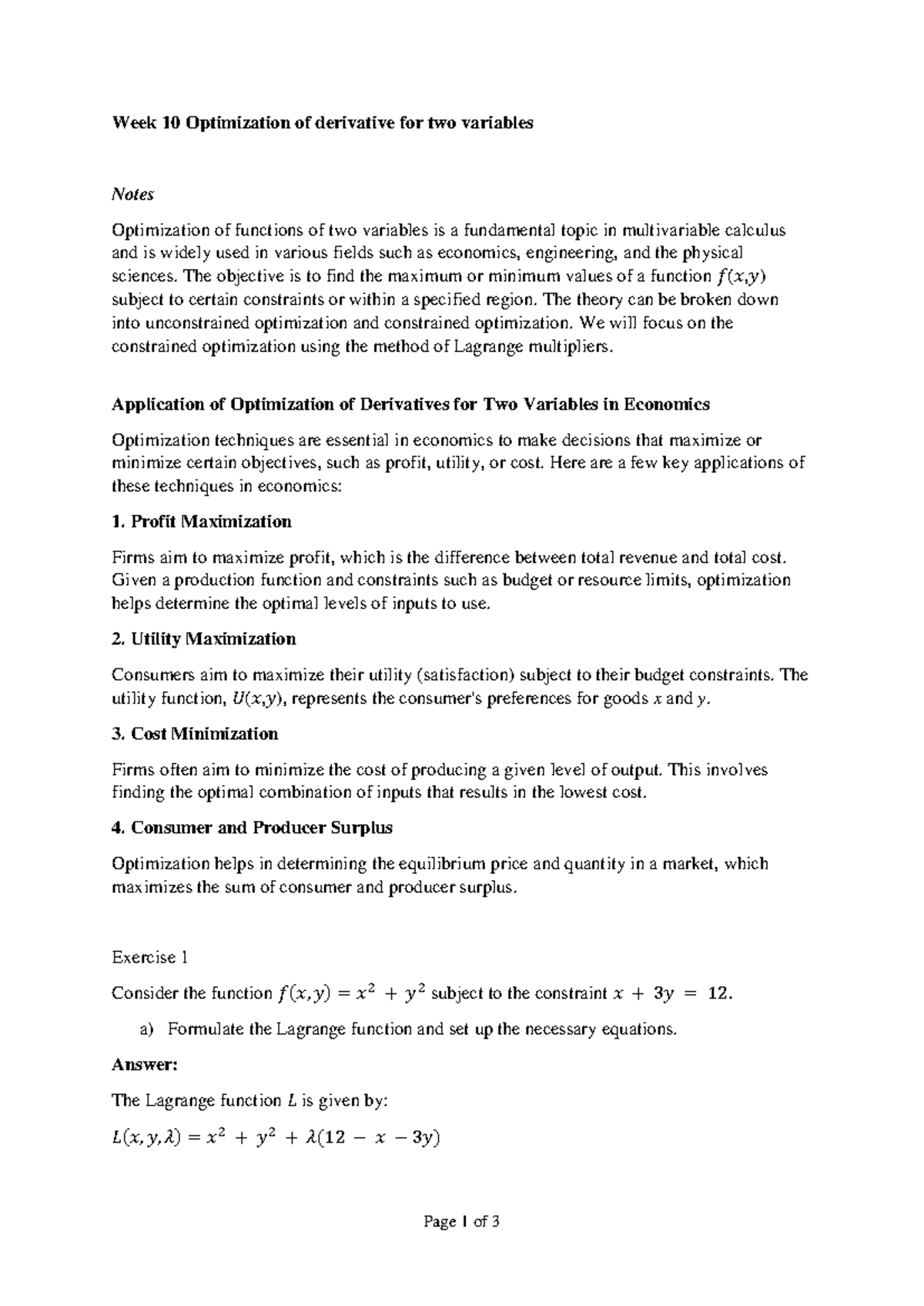 Week 10: Optimization of Derivatives for Two Variables Notes - Studocu