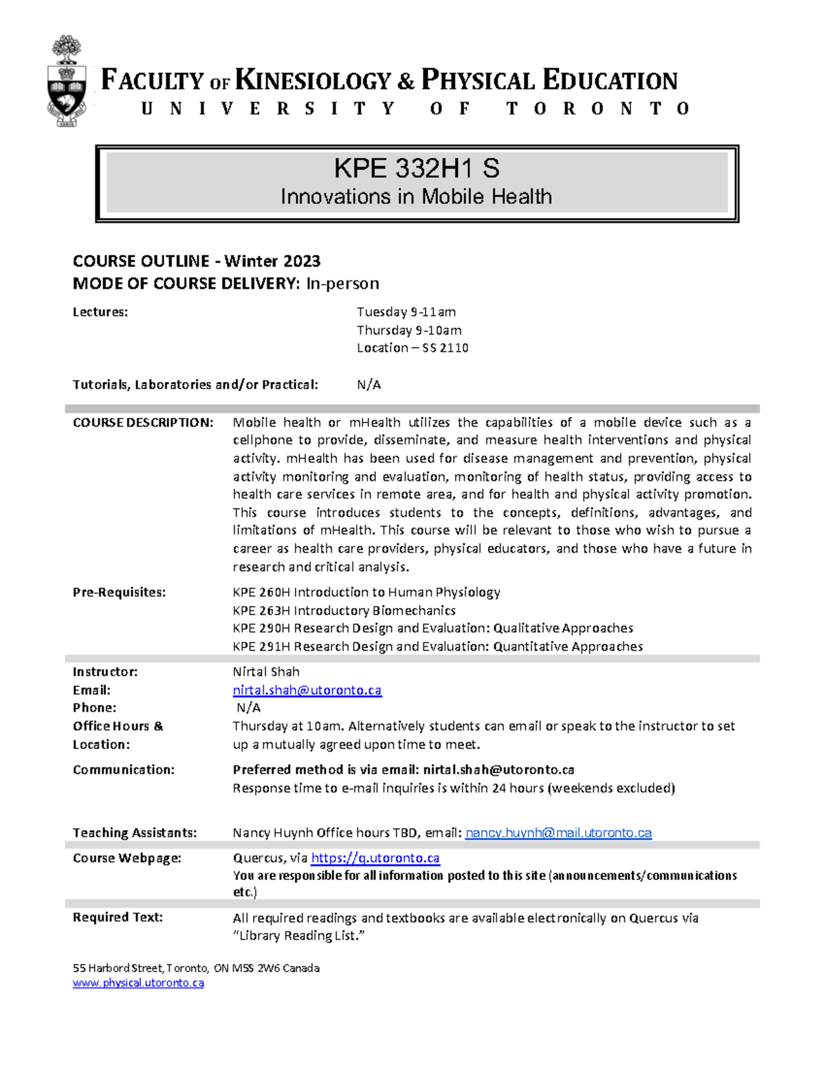 KPE 332H1 S Winter 2023 Course Outline: Innovations in Mobile Health ...