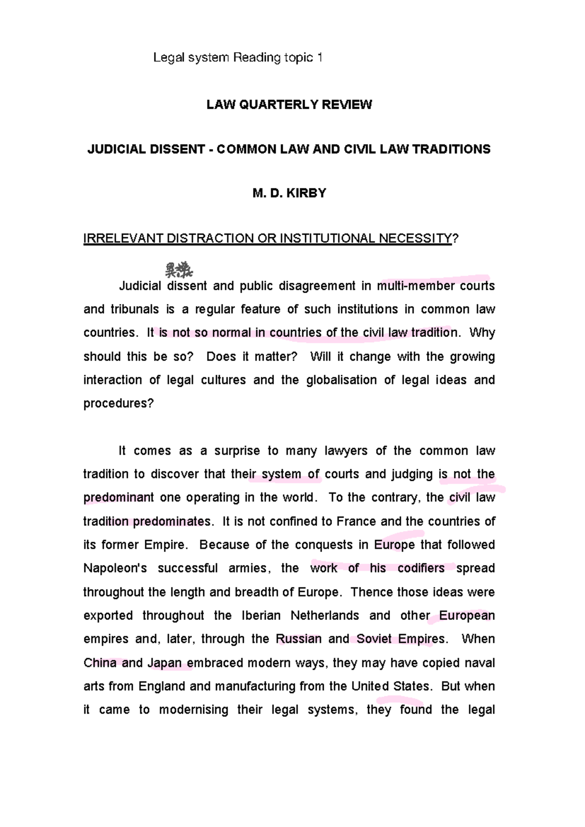 Topic 1 Reading - LAW QUARTERLY REVIEW JUDICIAL DISSENT - COMMON LAW ...