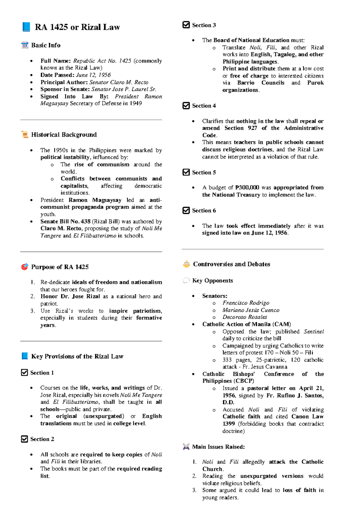 RA 1425: Overview of the Rizal Law and Its Historical Context - Studocu