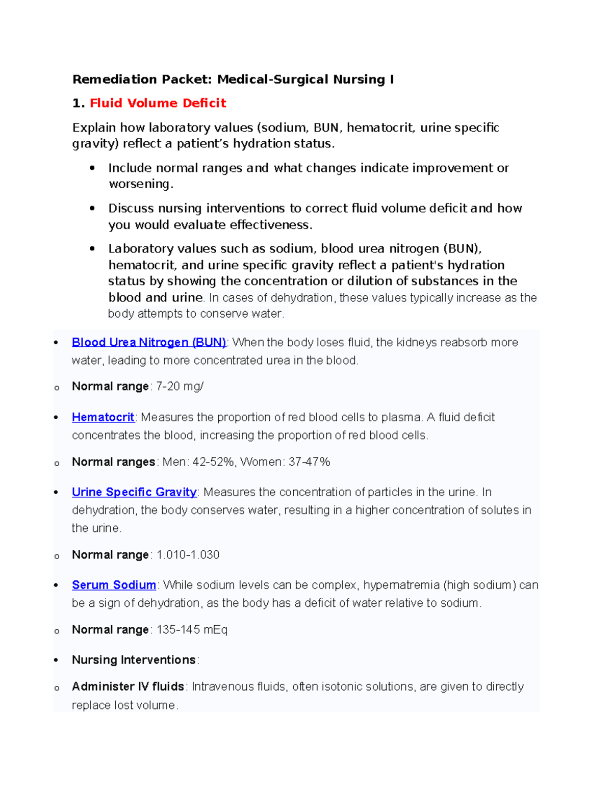 NUR201 E2 Remediation: Fluid Volume Deficit & Electrolyte Imbalances ...