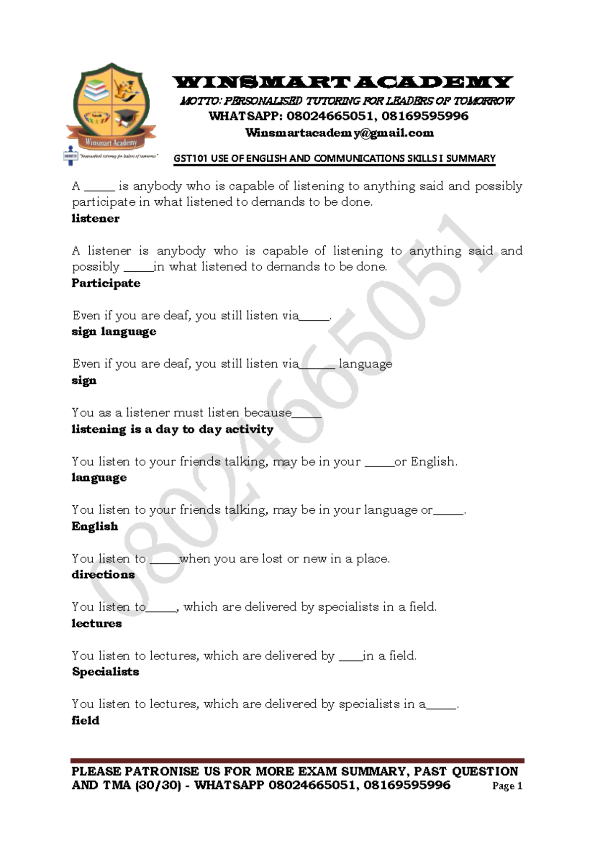 GST101 Use of English and Communication Skills I Exam Summary - Studocu