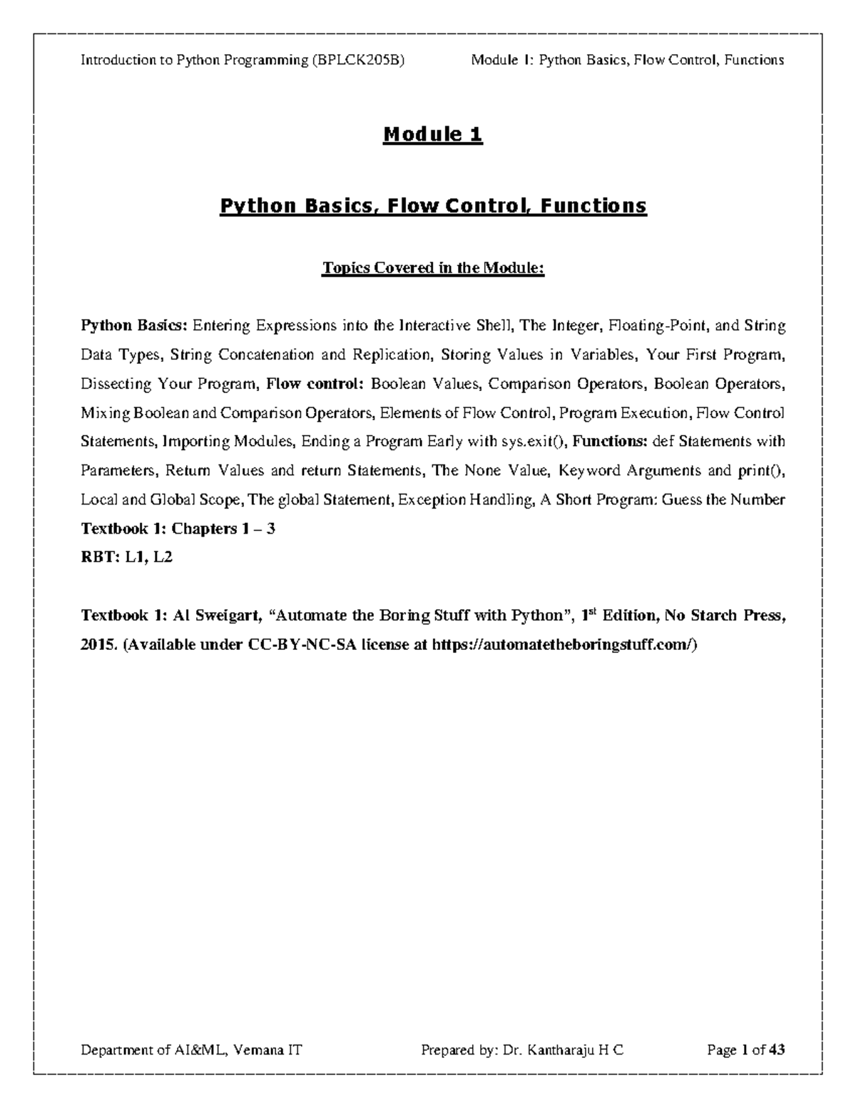 Introduction to Python Programming (BPLCK205B) Module 1: Basics & Flow ...