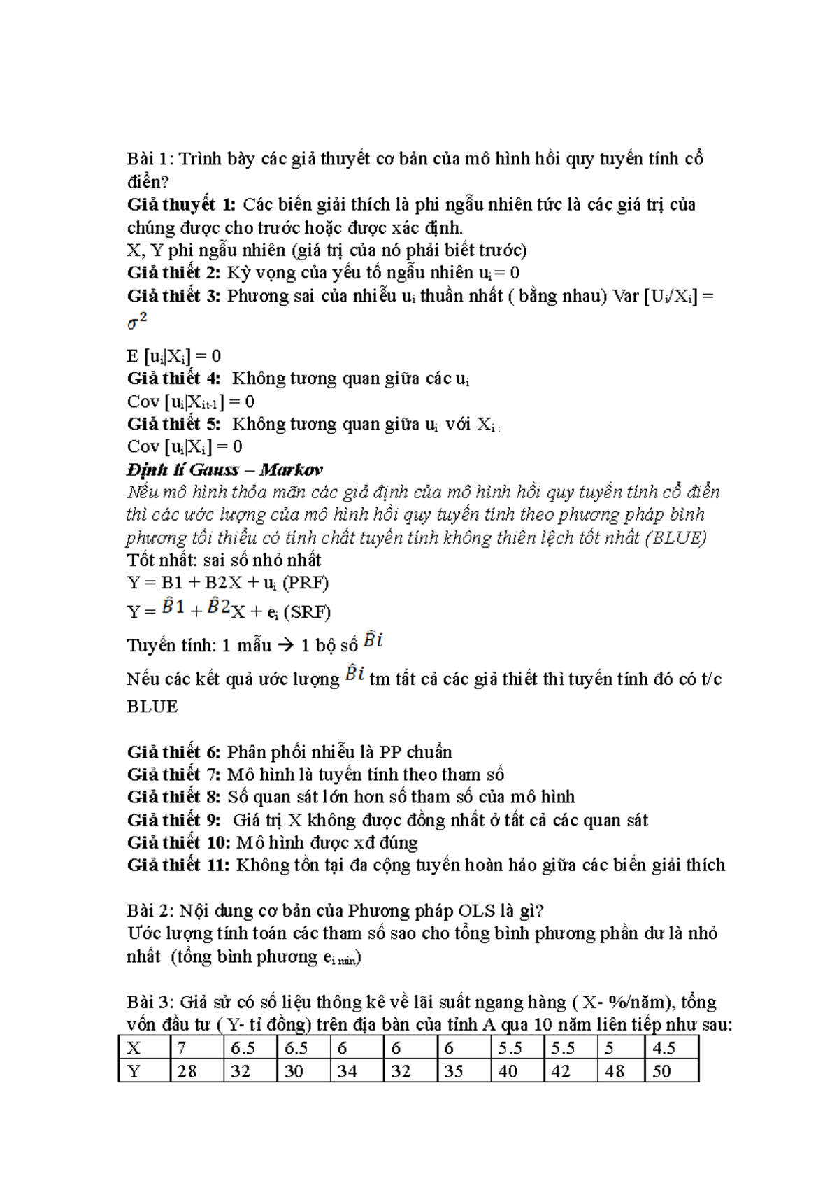 BT-KTL - kinh te luong - Bài 1: Trình bày các giả thuyết cơ bản của mô hình hồi quy tuyến tính ...