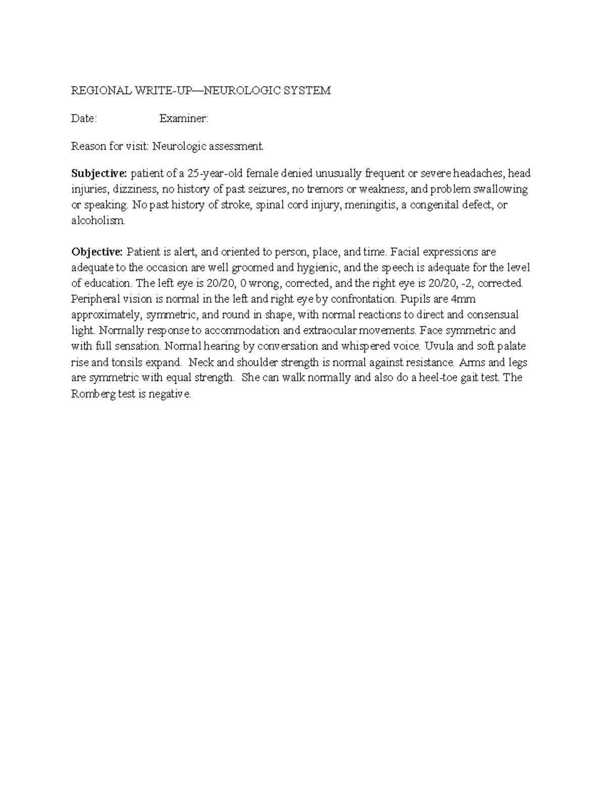 Neurologic System Write-Up: Patient Evaluation & Assessment - Studocu