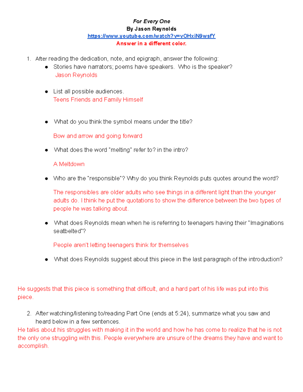 For Every One Listening Guide: Analysis of Parts 1-4 by J. Reynolds ...