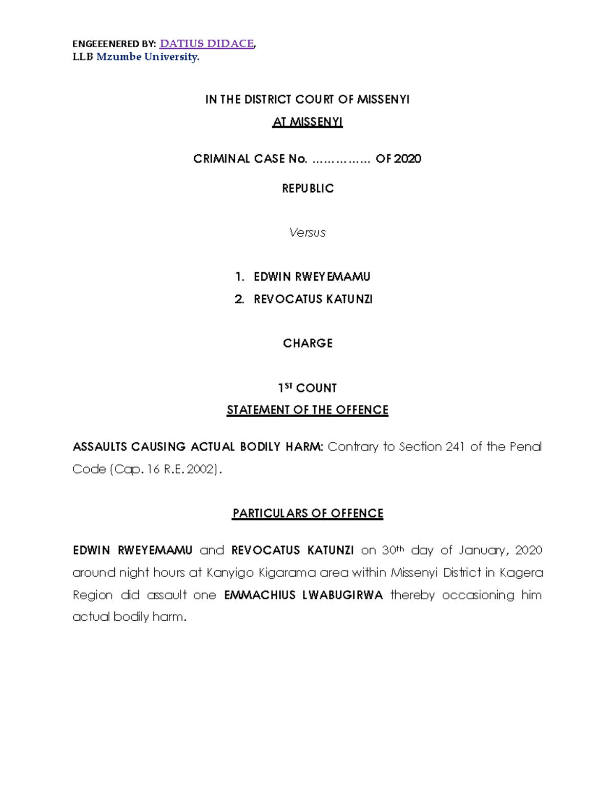 A Sample OF Charge Sheet WITH MORE THAN - ENGEEENERED BY: DATIUS DIDACE ...