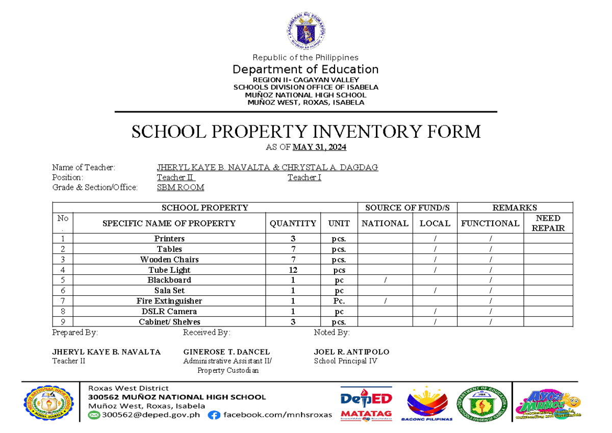Inventory Form for Materials - Muñoz National High School 2024 - Studocu