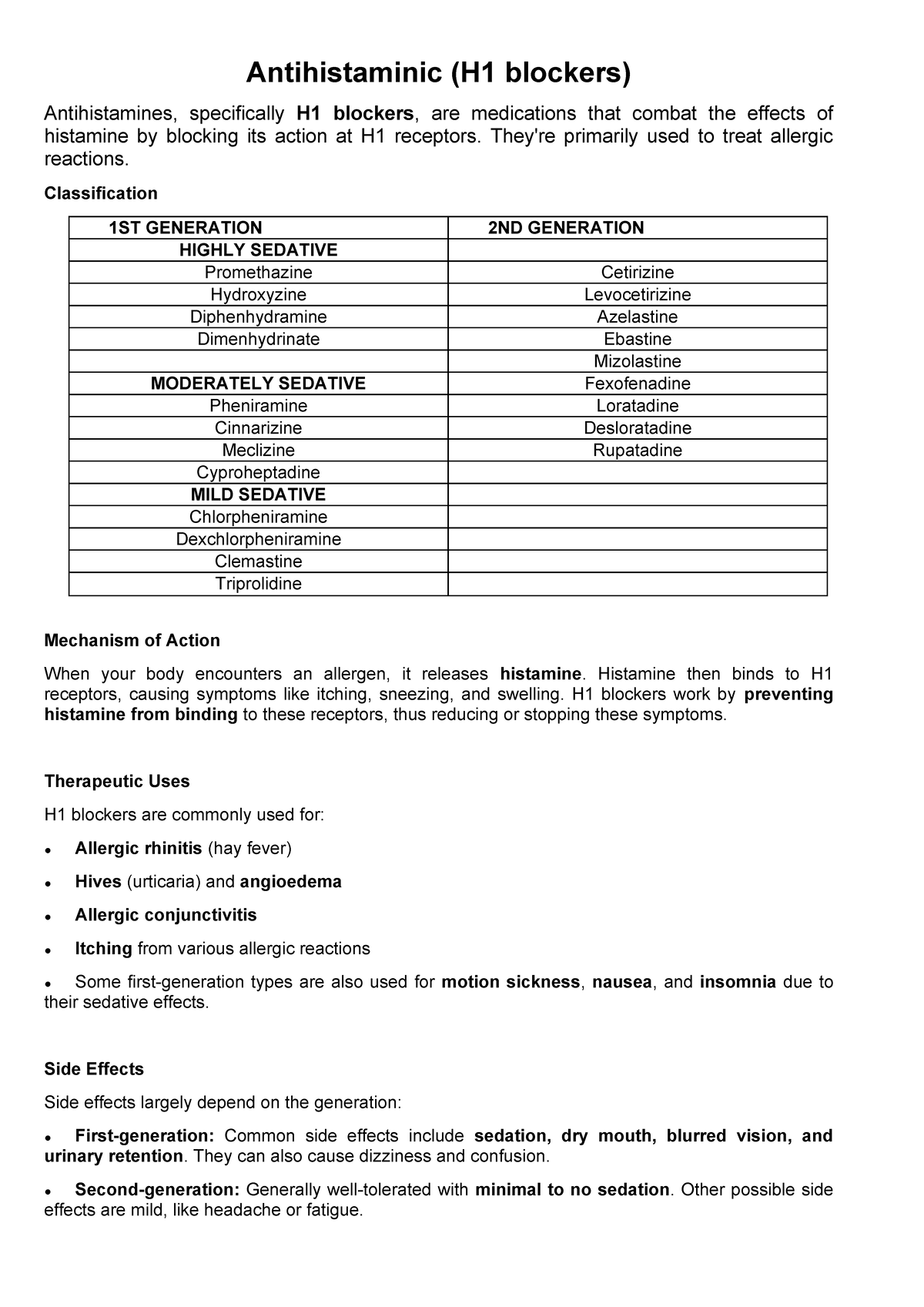 Antihistamines H1 Blockers: Classification & Therapeutic Uses - Studocu