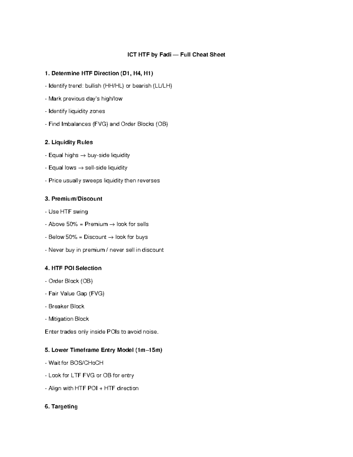 ICT HTF Fadi Cheat Sheet: Trading Strategies & Rules - Studocu