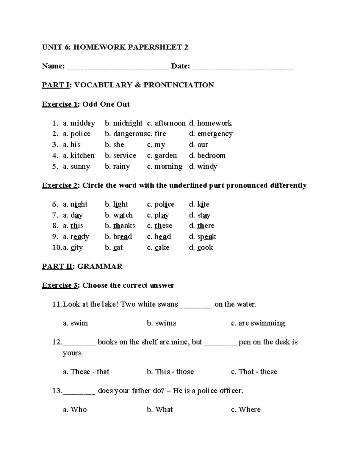 UNIT 6: Homework Papersheet 2 - Vocabulary & Grammar Exercises - Studocu