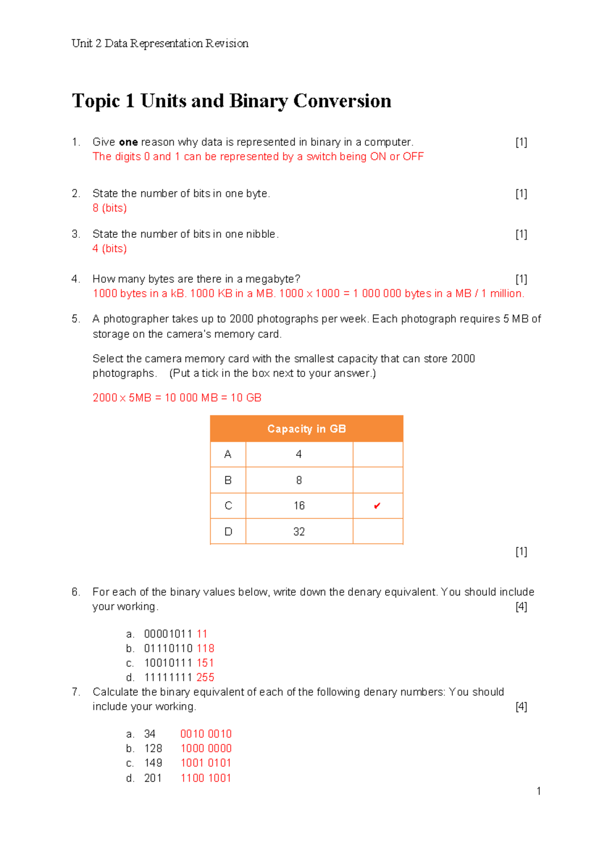 Unit 2 Revision Booklet: Binary Conversion, Hex, and Compression ...