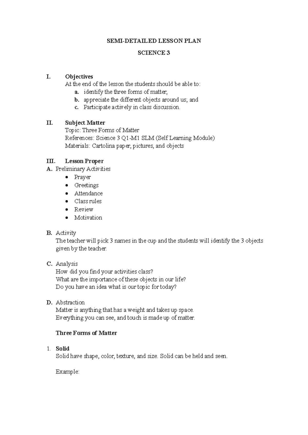 Lesson Plan for Science Grade 3: Understanding the Water Cycle - Studocu