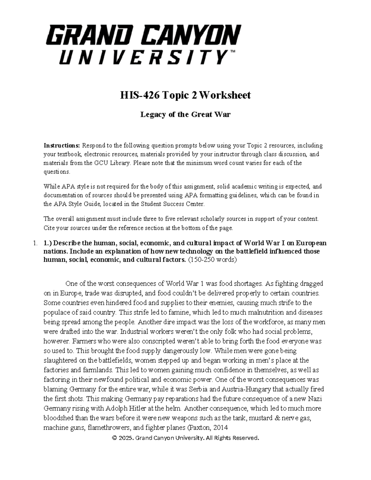 HIS-426 Topic 2 Worksheet: Legacy of the Great War and its Impacts ...