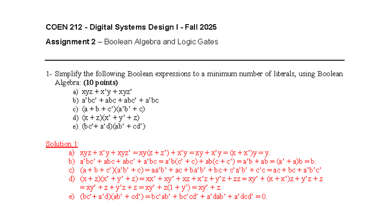 COEN 212 Digital Systems Design I Fall 2025 Assignment 2: Boolean Algebra & - Studocu