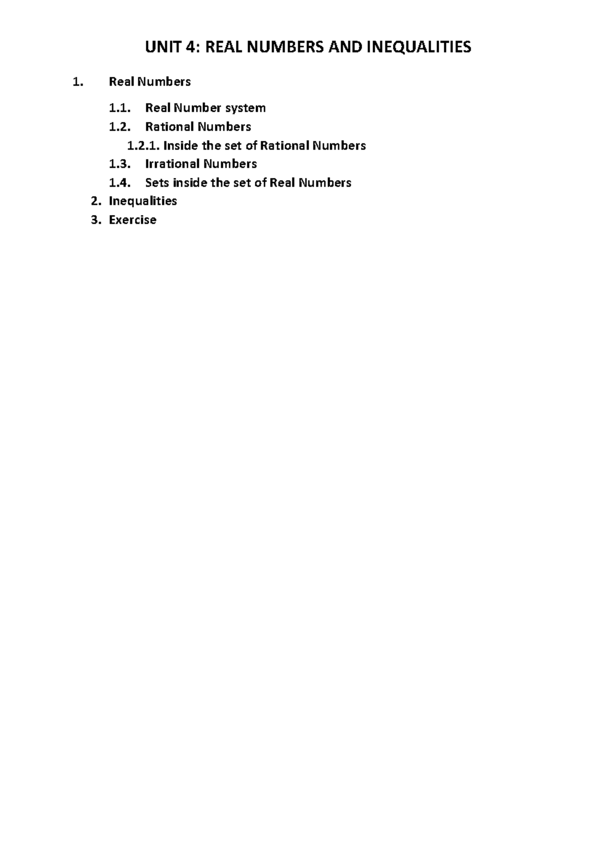 Unit 4: Real Numbers and Inequalities Overview and Exercises - Studocu