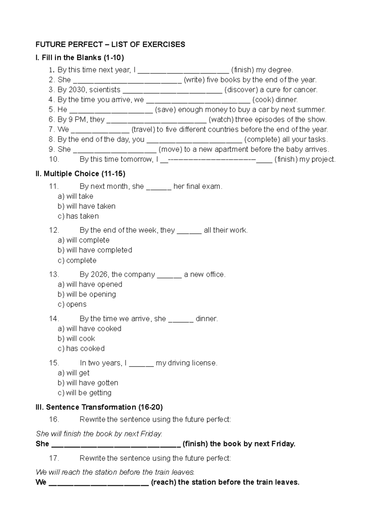 Future Perfect Exercises - Fill in the Blanks & MCQ Practice - Studocu