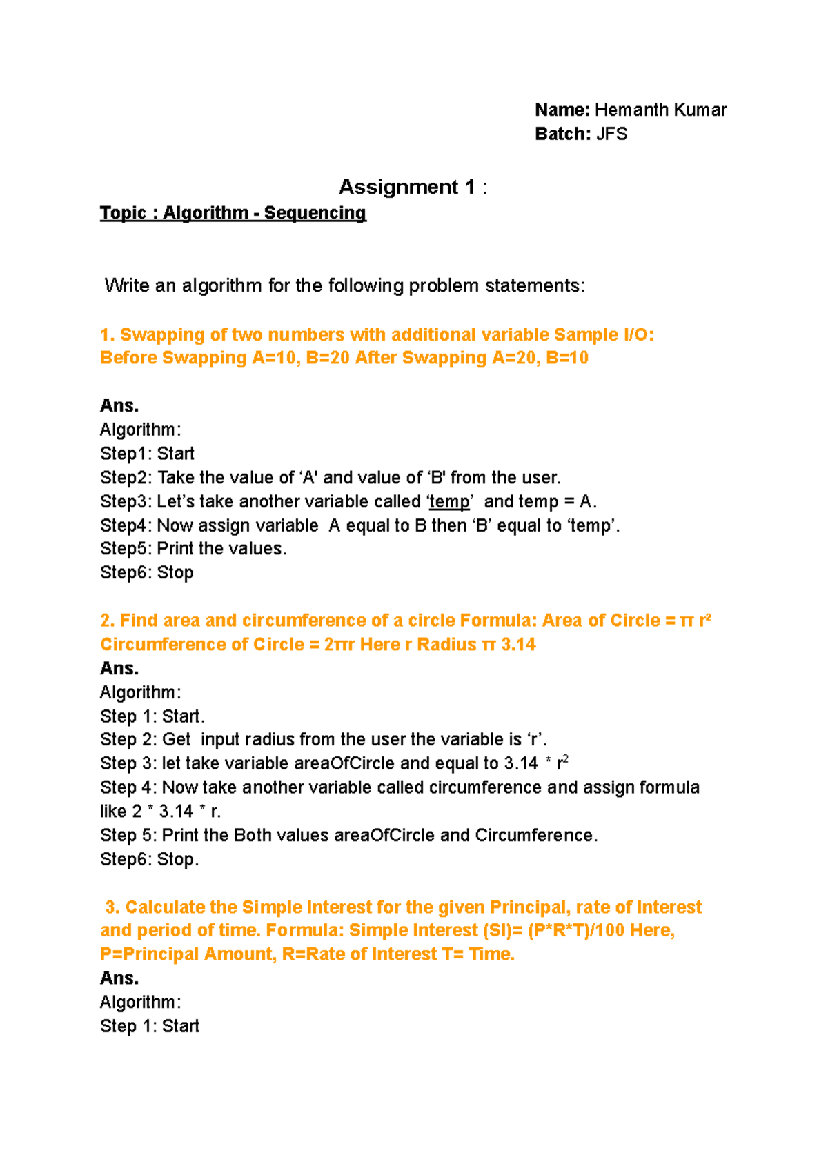 Hemanthkumar JSFAssignment-1 - Name: Hemanth Kumar Batch: JFS ...