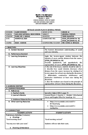 WEEK 1- ( Motion) Grade 7 Lesson PLAN - Week 1: Day 1 School: San Jose ...