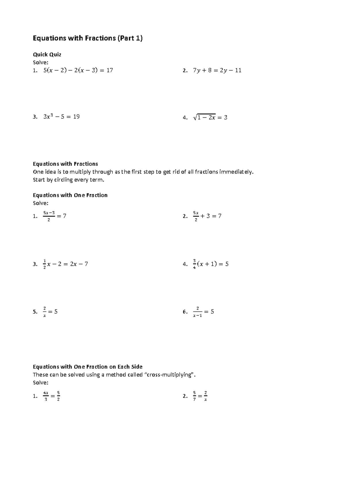Equations III Worksheets L1-L10: Fractions, Quadratics & Simultaneous ...