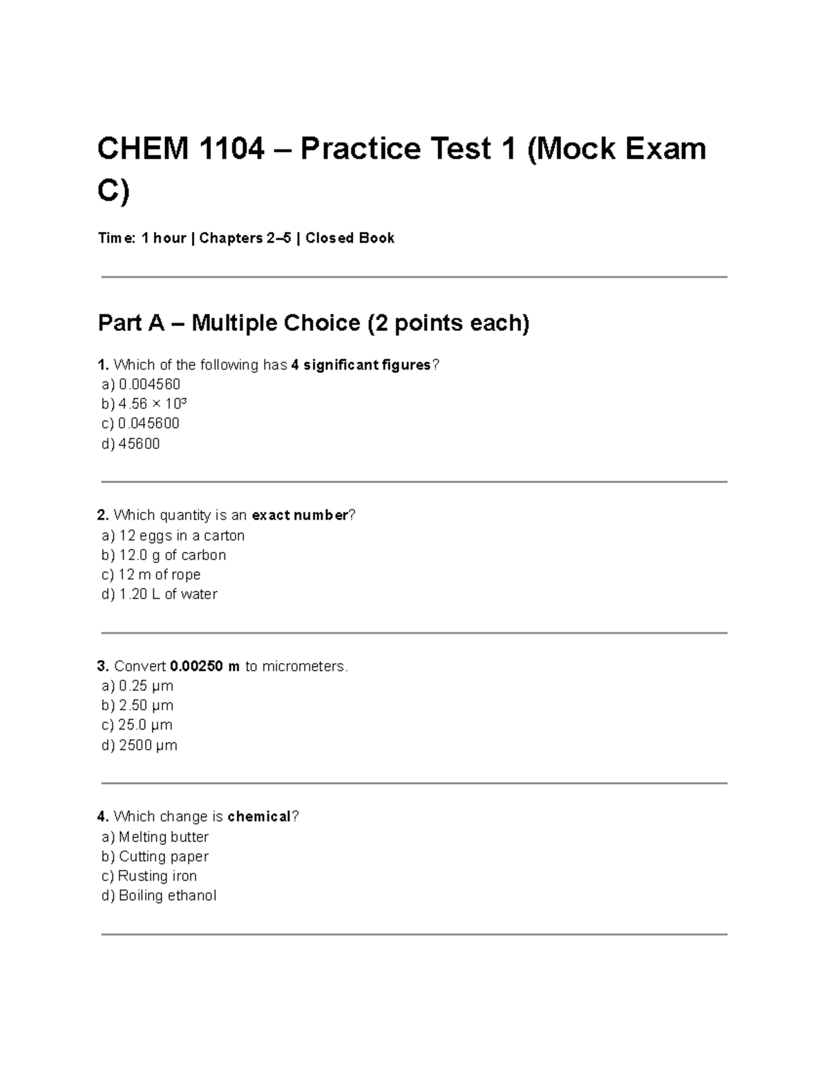 CHEM 1104 Mock Exam C - Practice Test with Multiple Choice Questions ...