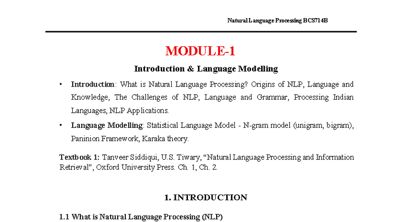 BCS714B NLP Module 1: Introduction to Natural Language Processing - Studocu