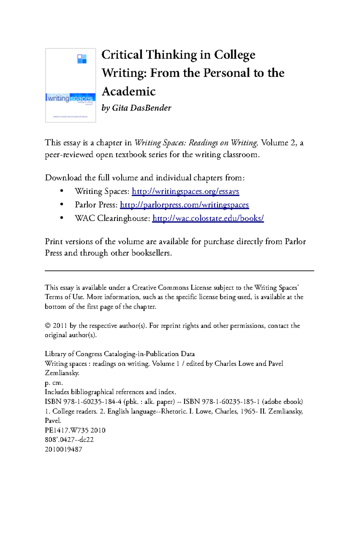 Critical thinking reading-handout "Critical Thinking in College Writing ...