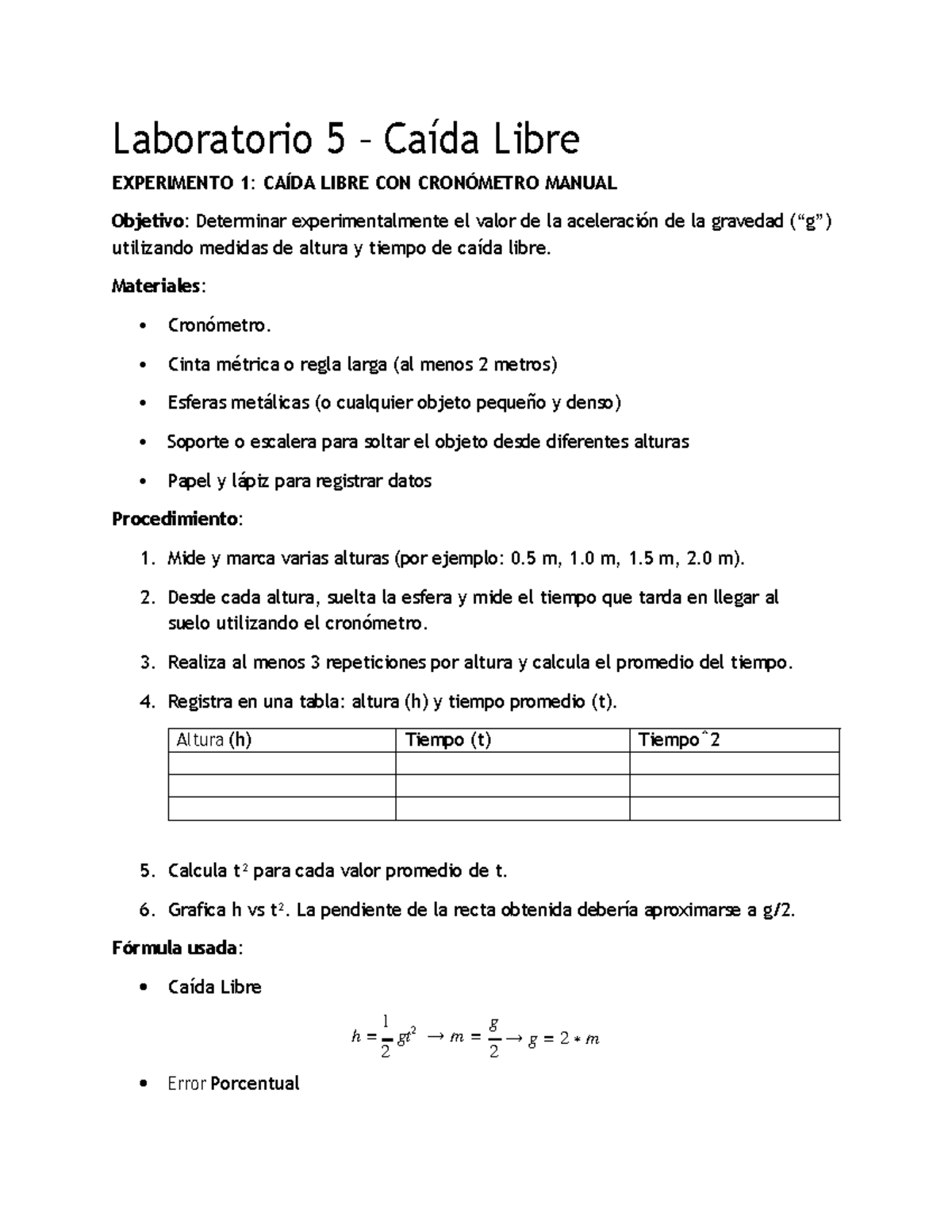 Laboratorio 5 - Caída Libre: Experimentos y Análisis de Gravedad - Studocu