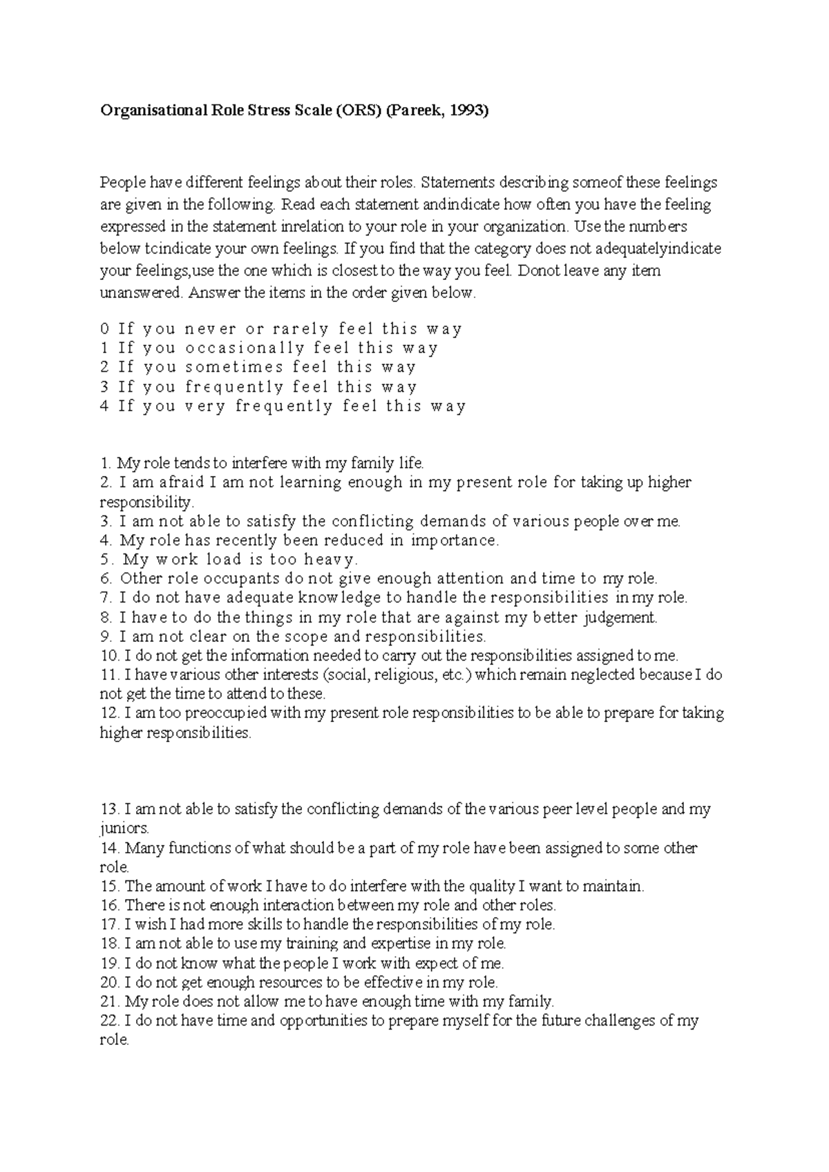 ORS - Organizational Role Stress Scale Assessment and Analysis - Studocu