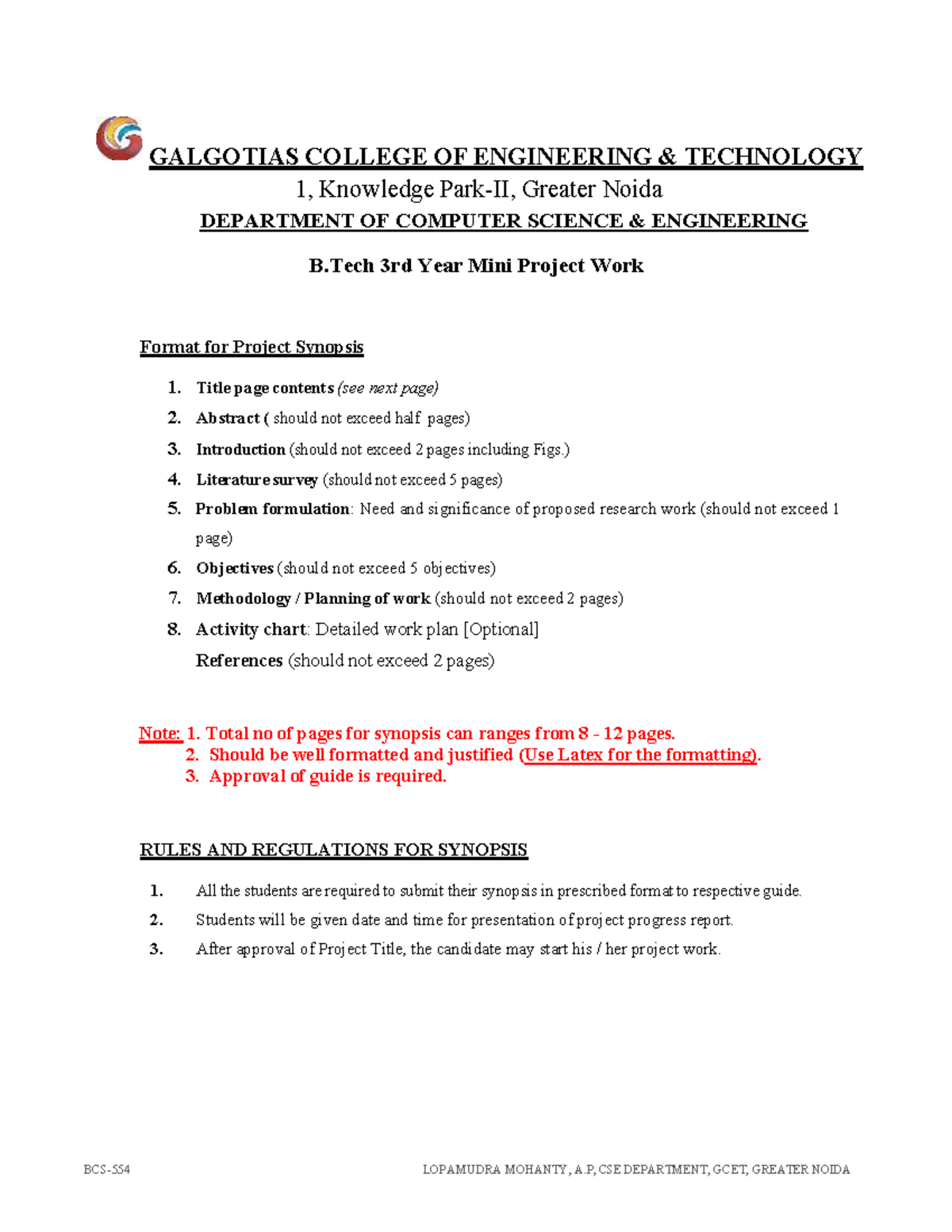 B.Tech CSE Mini Project Synopsis Format 2025-26 - Studocu