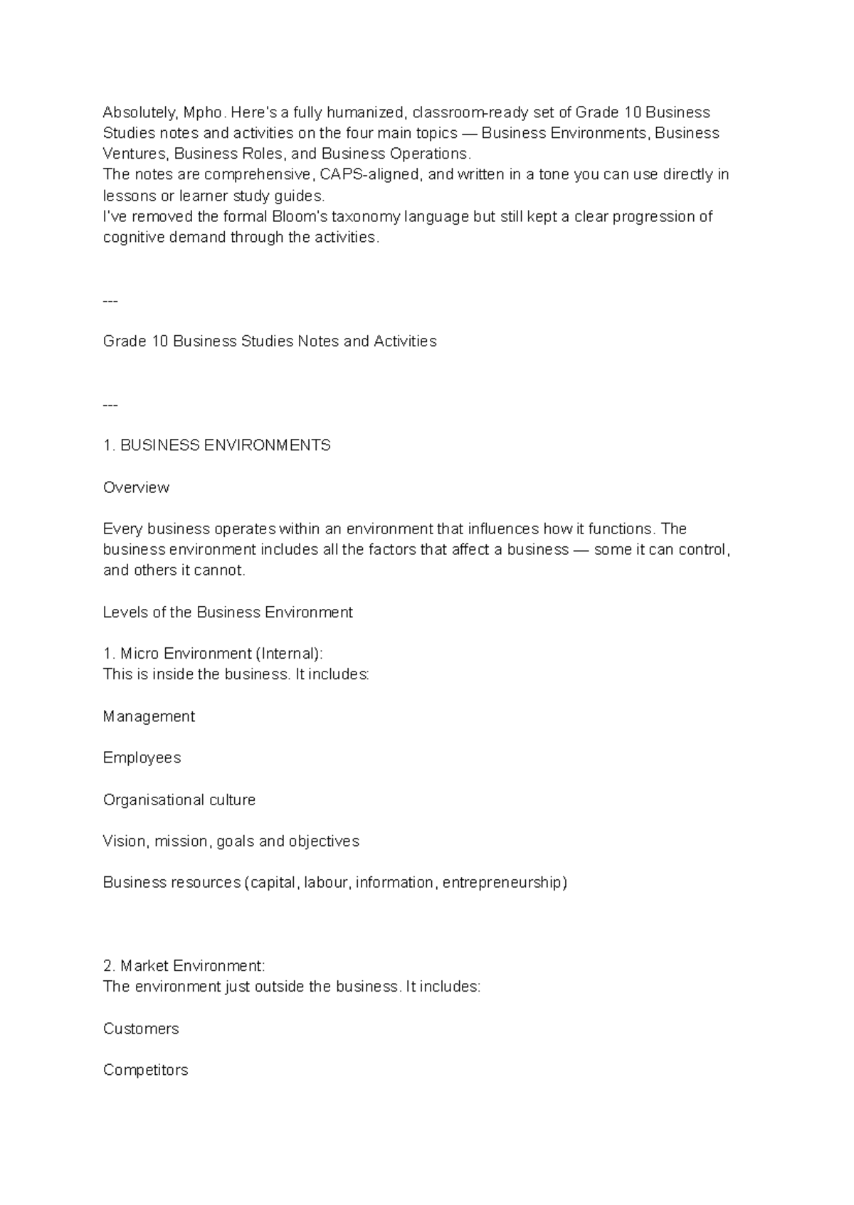 Gr. 10 Business Studies: Comprehensive Notes & Activities on Key Topics ...