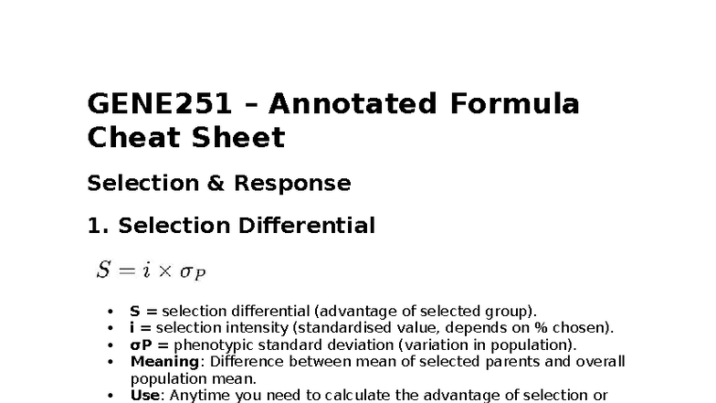 GENE251 – Annotated Formula Cheat Sheet for Selection Response - Studocu