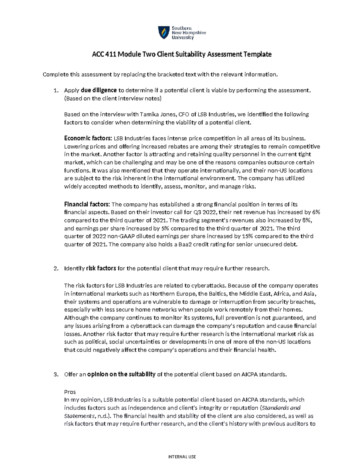 ACC 411 Client Suitability Assessment: LSB Industries Analysis - Studocu
