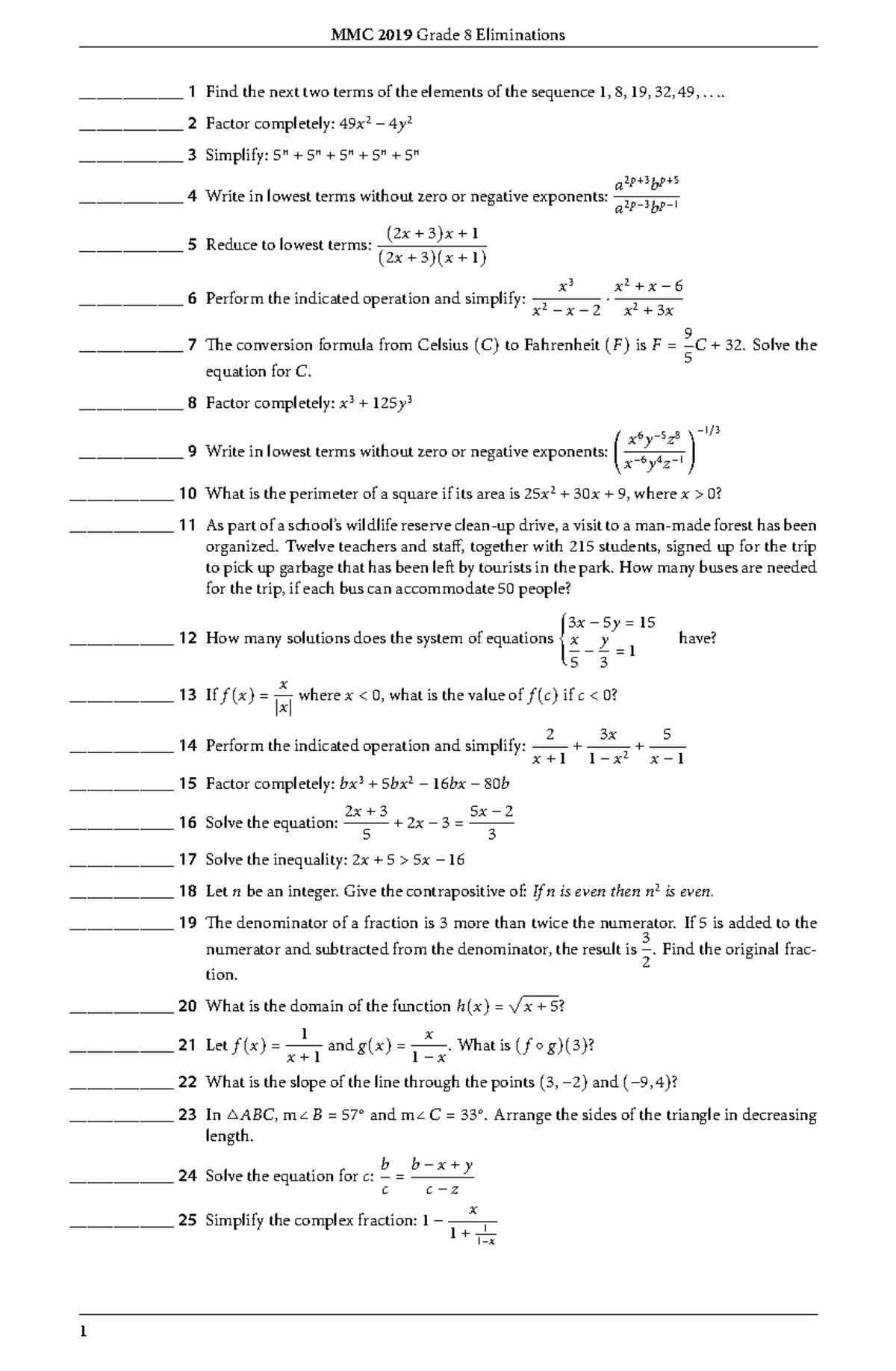 2019 Metrobank-MTAP-DepEd Math Challenge Elimination for Grade 8 - Studocu