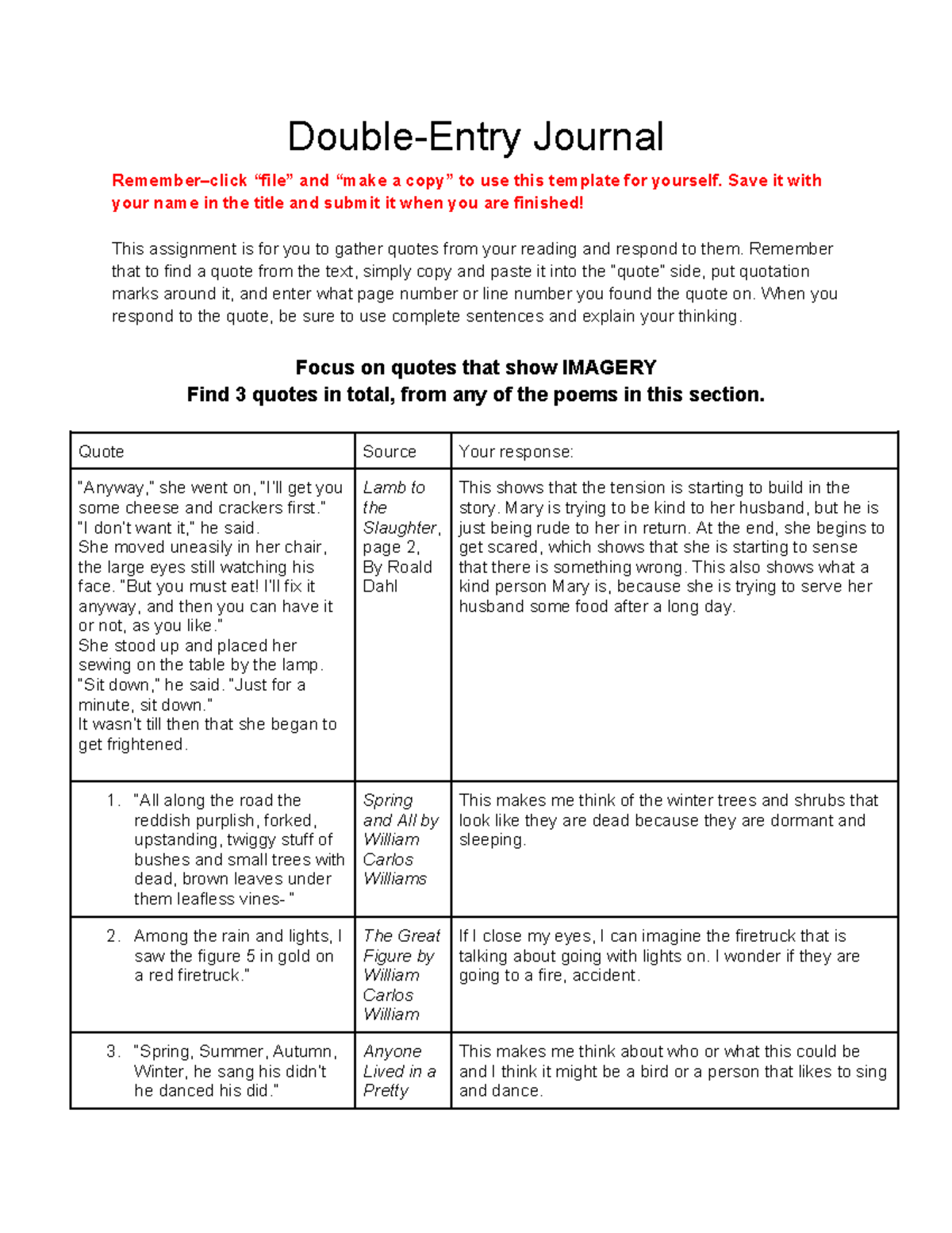 1.07 Poetry Imagery Double-Entry Journal Assignment Guide - Studocu
