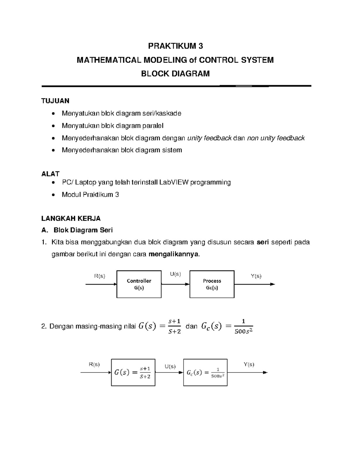 Praktikum 3: Mathematical Modeling of Control Systems - Block Diagrams ...