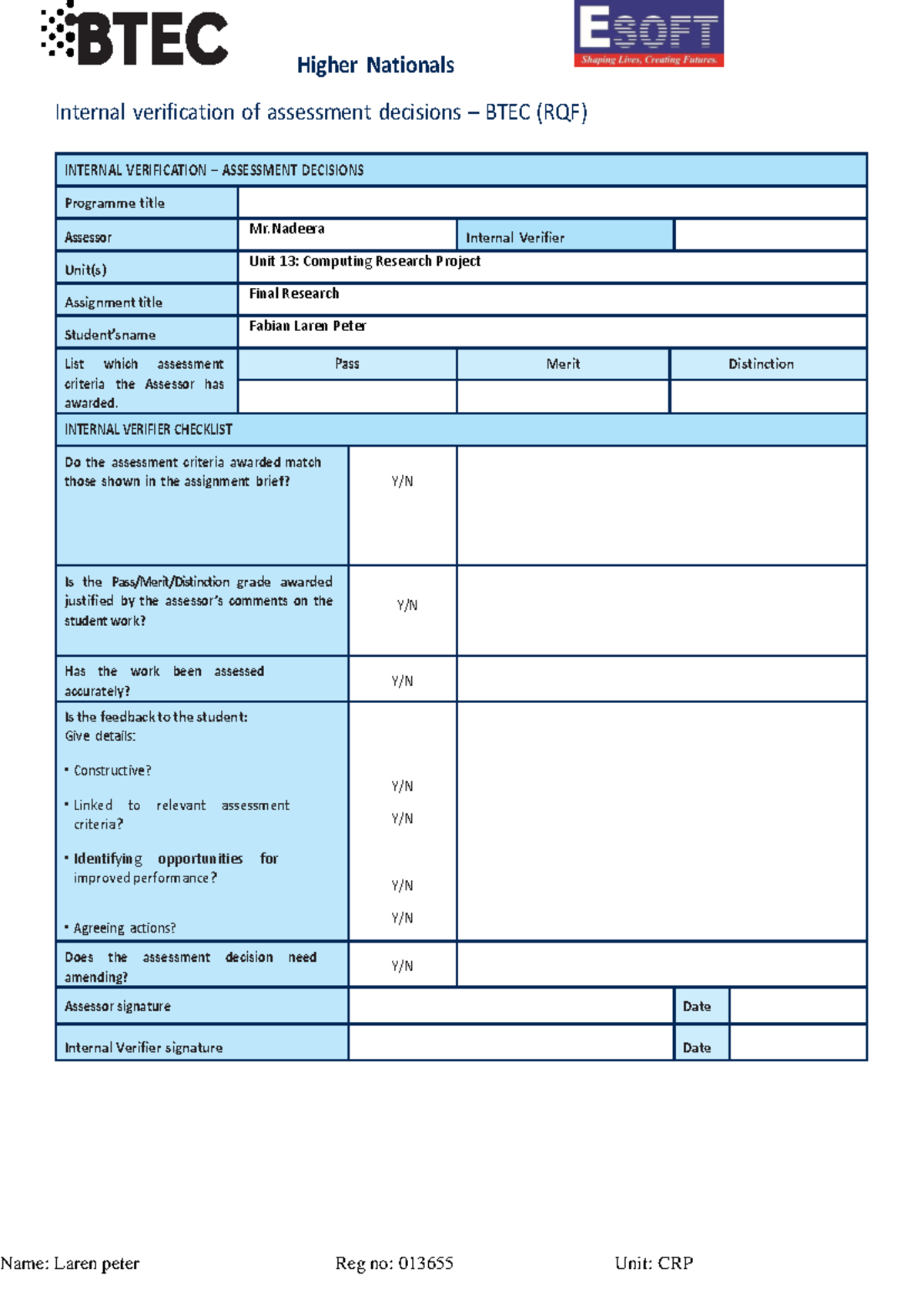 CRP-Assignment - Use this and get knowlagde - Higher Nationals Internal verification of ...