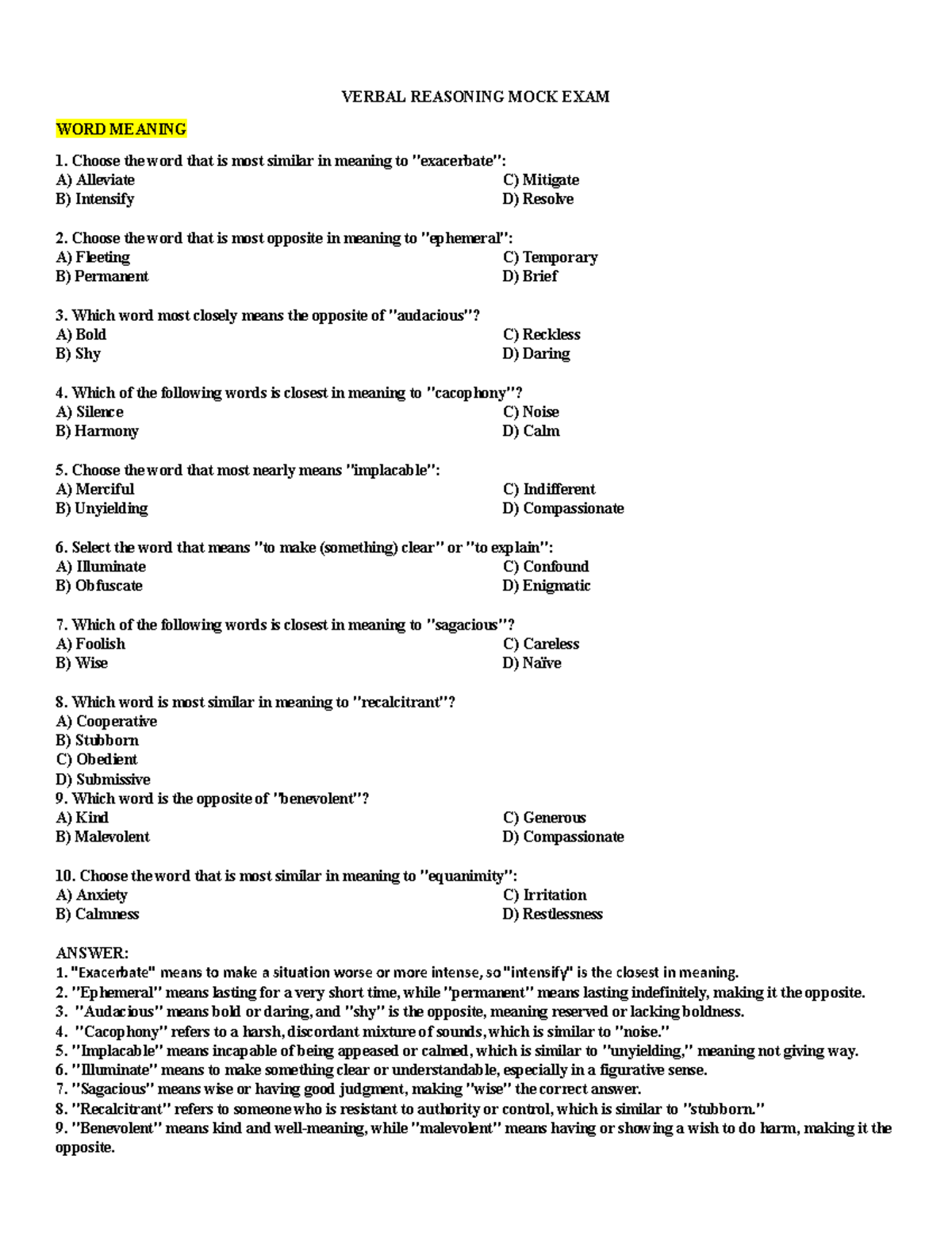 Verbal Reasoning MOCK EXAM: Word Meaning & Sentence Completion - Studocu