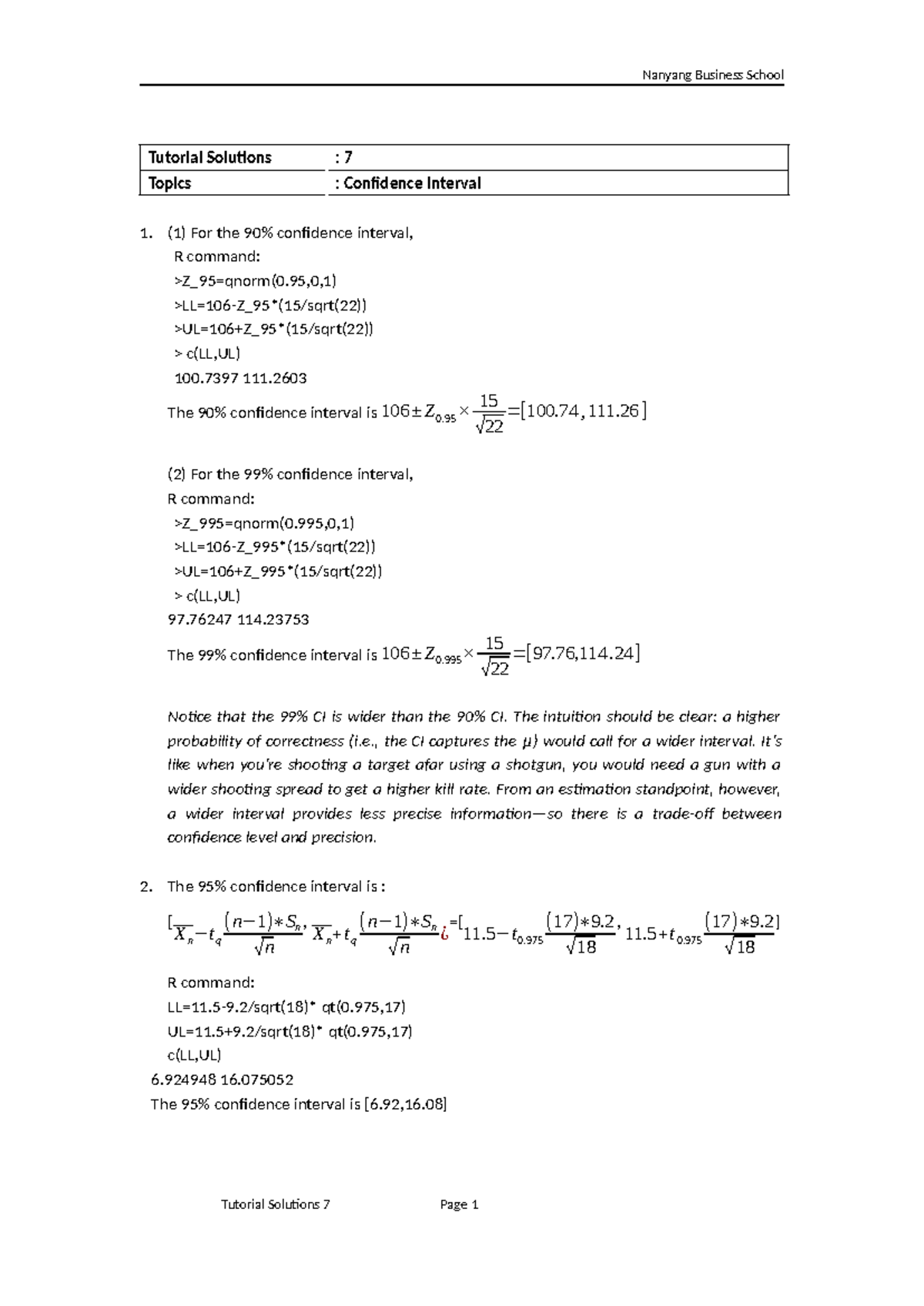 NBS Tutorial Solutions: Week 7 - Confidence Intervals Analysis - Studocu