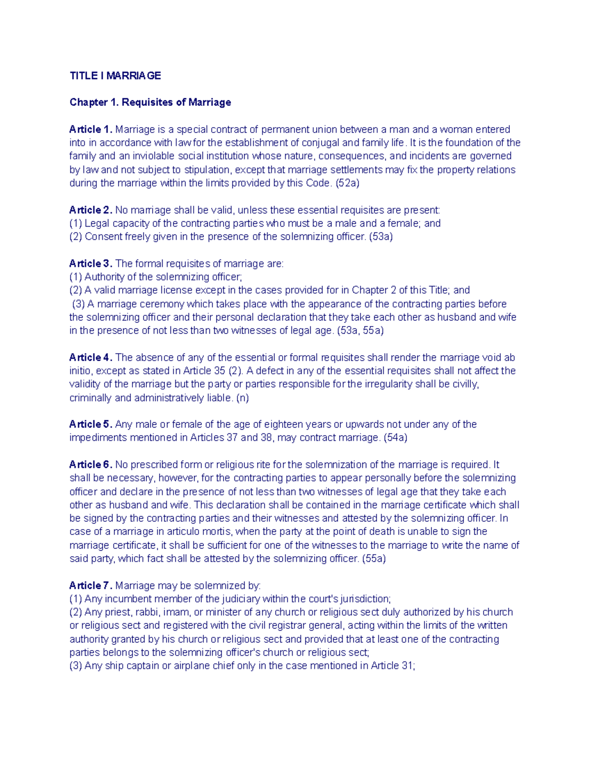 Class Notes Marriage - Text of Family Code - TITLE I MARRIAGE Chapter 1 ...