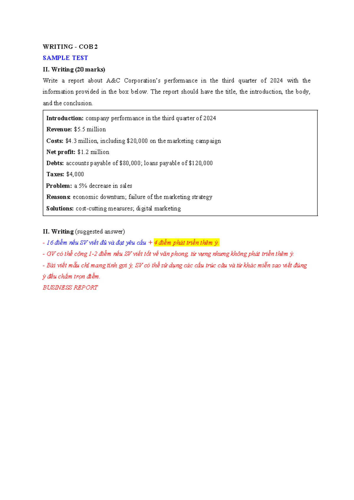 Writing COB 2 Sample Test II: Q3 2024 Performance Reports - Studocu