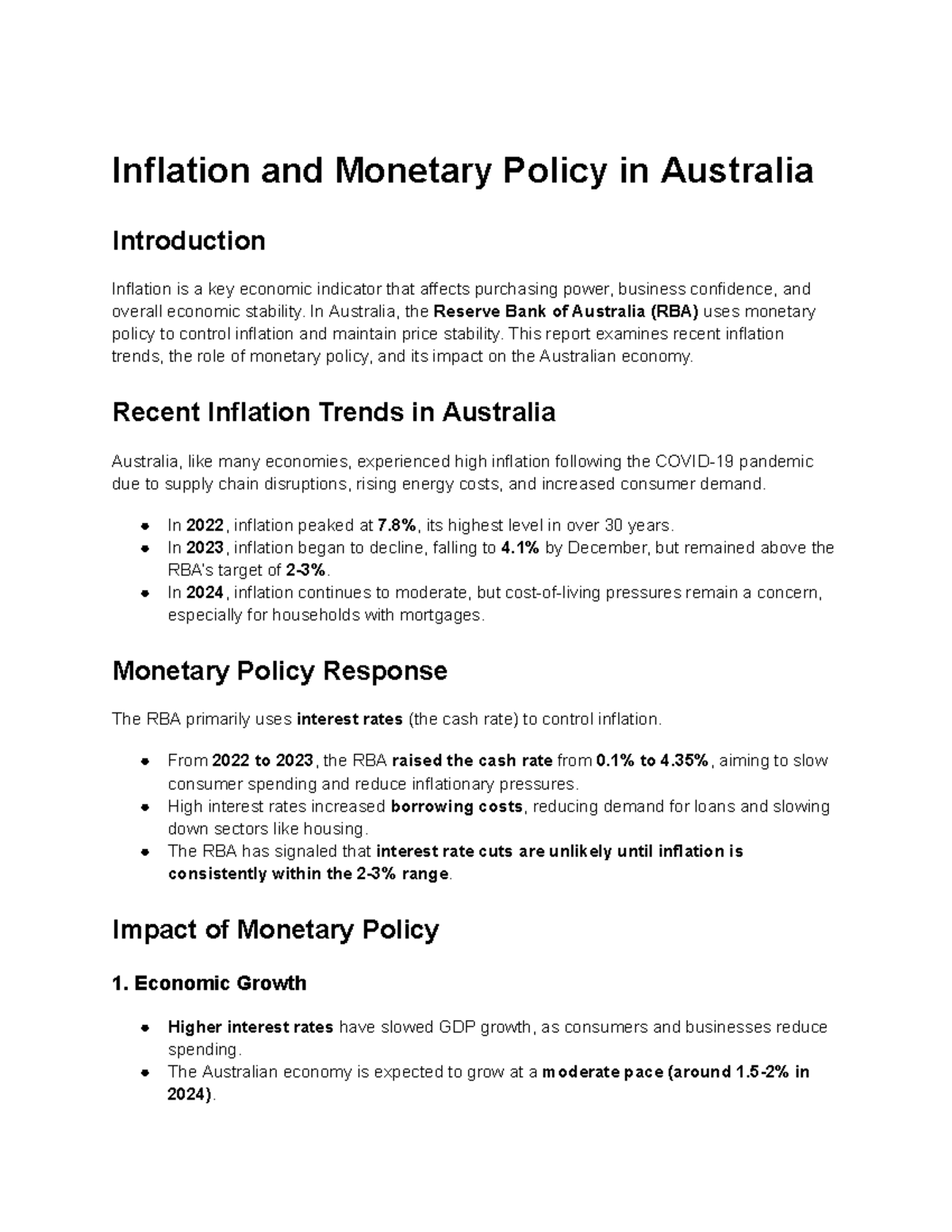 Monetary Policy and Inflation Trends in Australia: Analysis for ECON ...