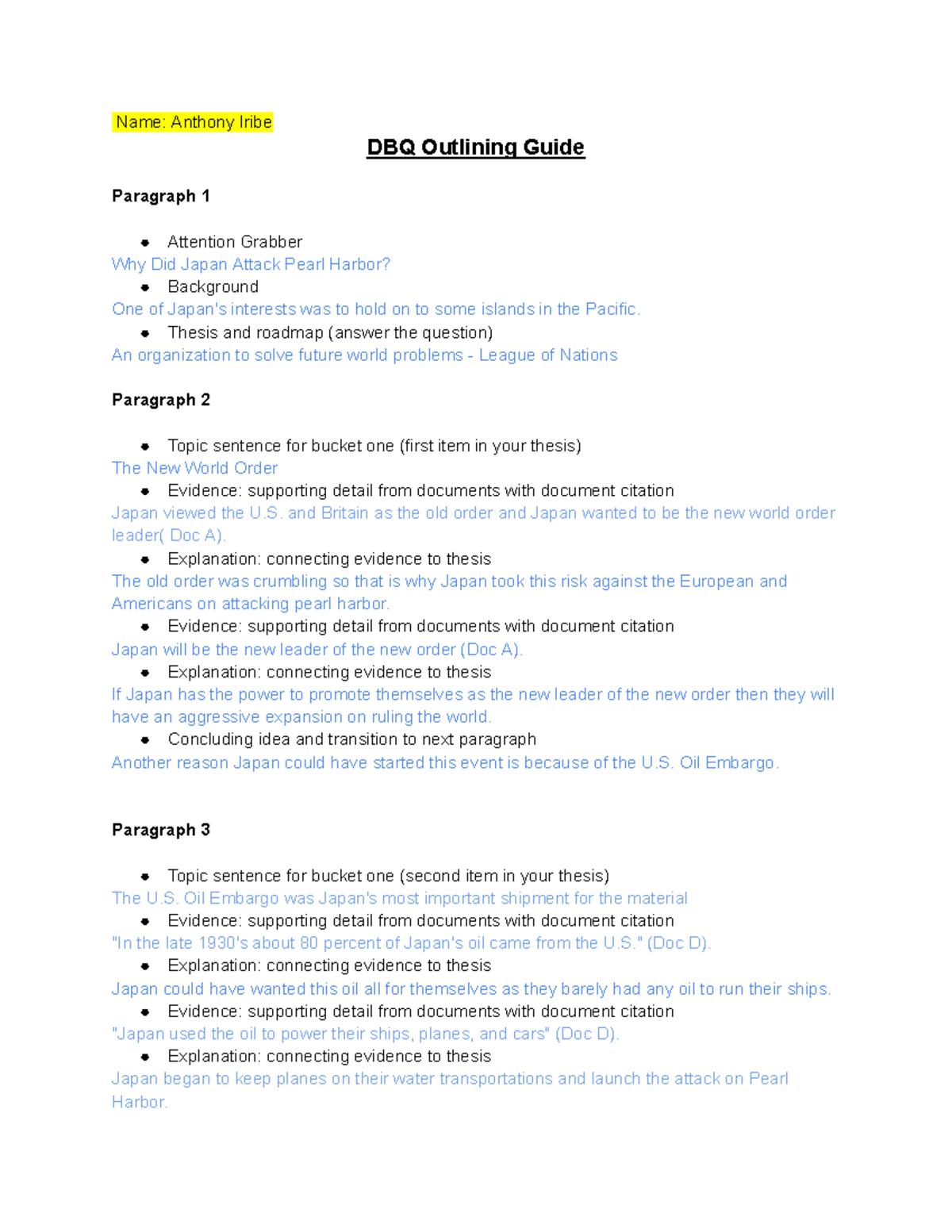 Copy of Generic DBQ Outline - Name: Anthony Iribe DBQ Outlining Guide ...